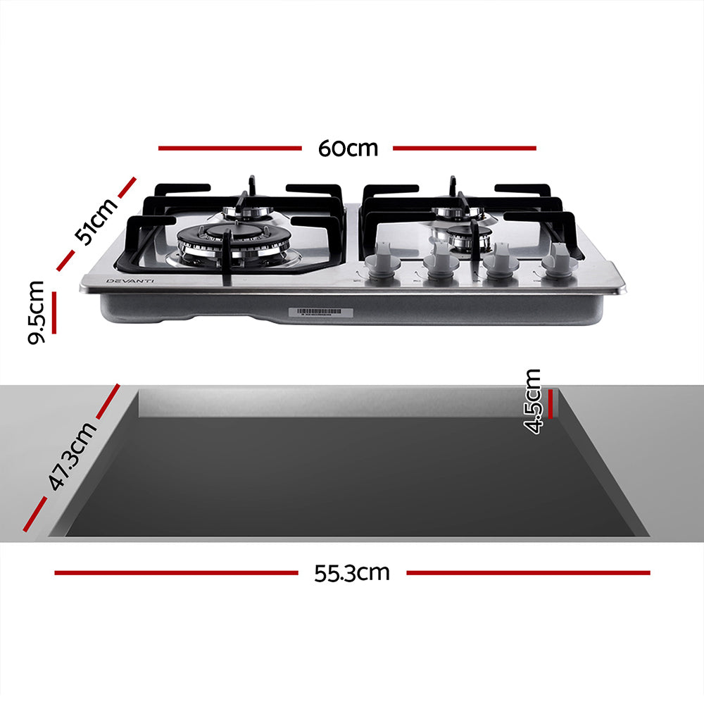 Devanti 60cm 4-Burner Gas Cooktop Silvir – Stainless Steel ...