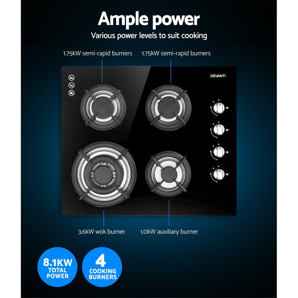 Devanti 60cm 4-Burner Black Glass Gas Cooktop - CompleteKitchen.com.au